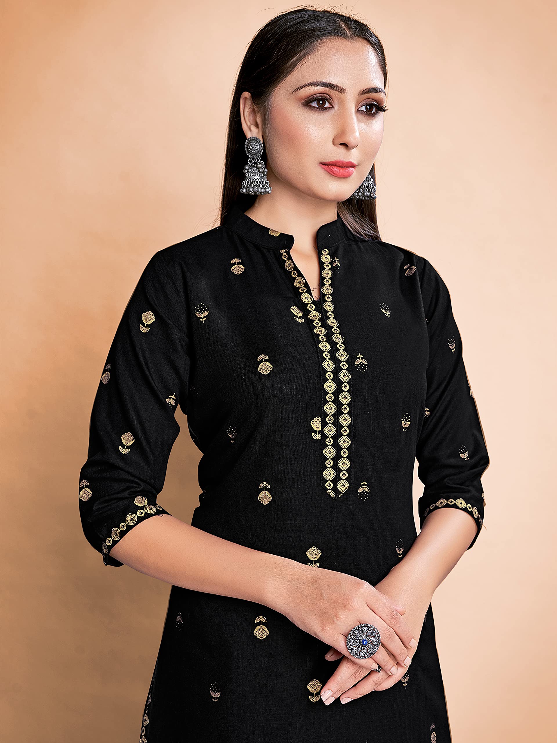 Indian Kurti for Womens With Pant | Rayon Foil Printed Dress Kurtis Kurta For Women Tops Black