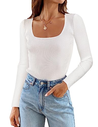 ZESICA Women's 2023 Long Sleeve Square Neck Shirts Fall Clothes Slim Fitted Ribbed Knit Sweater Basic Tee Tops,White,Large