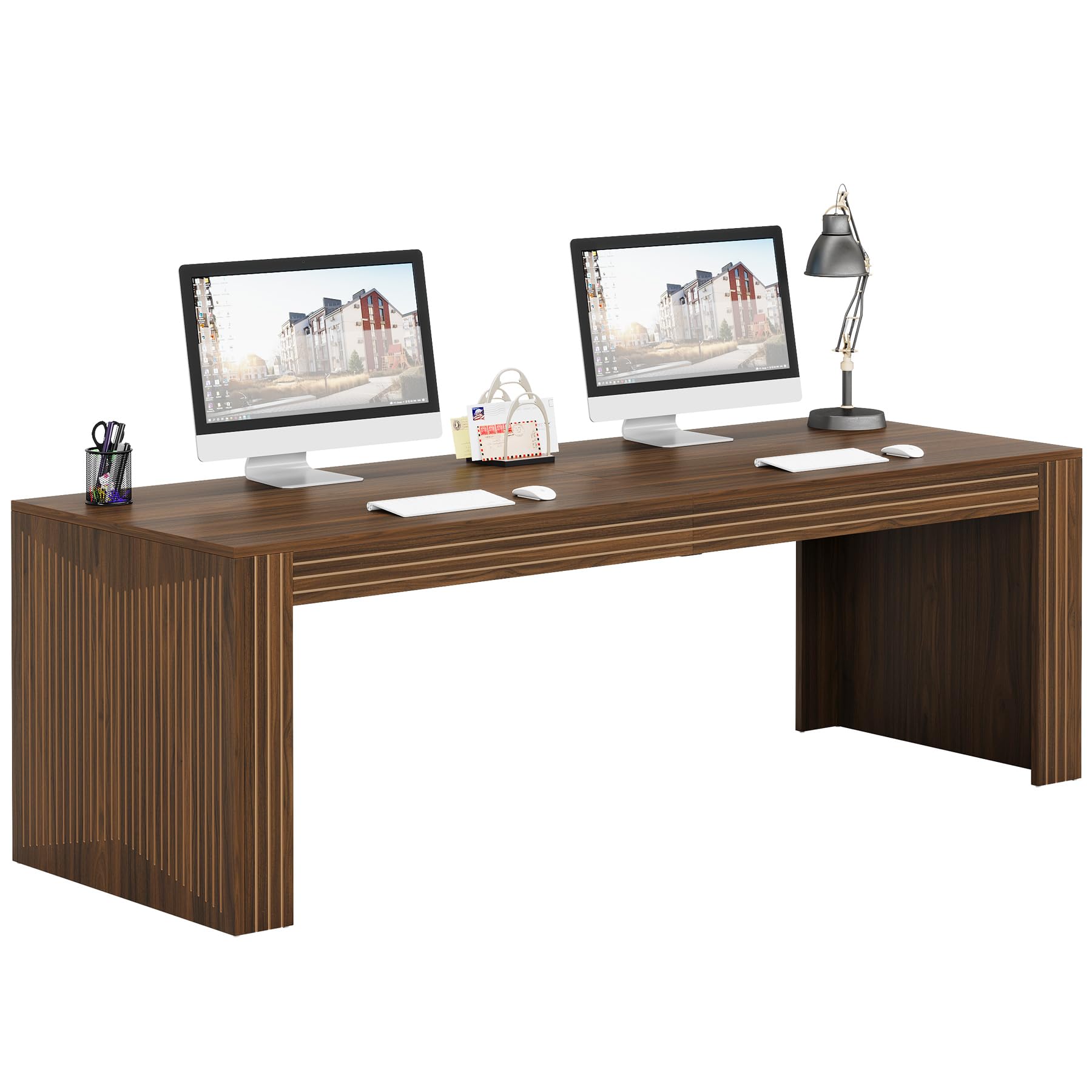 Tribesigns 79-Inch Extra Long Desk, Two Person Desk Double Desk for Home Office, Wooden Long Computer Desk, Writing Table Study Desk for Office, Brown