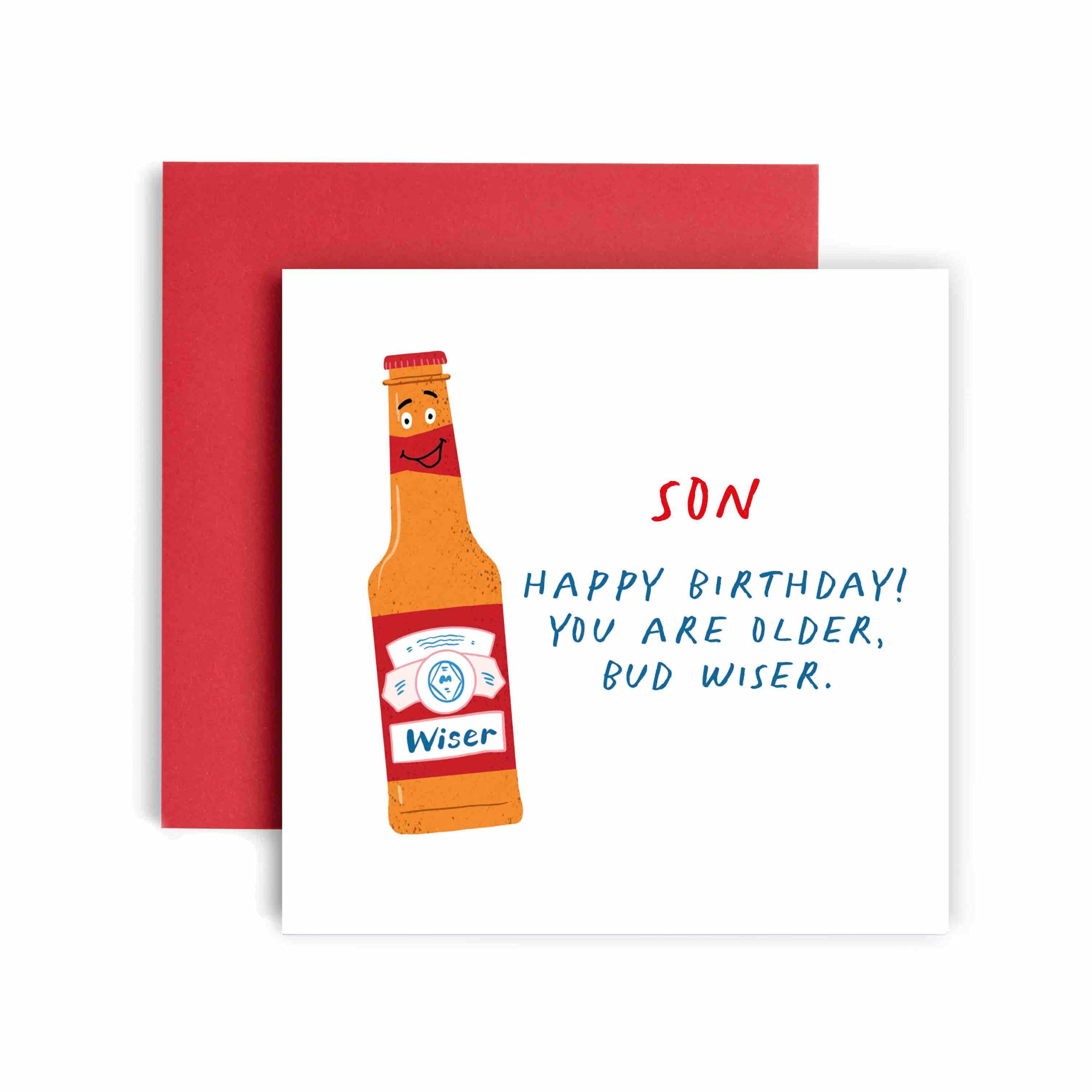 Huxters Birthday Cards for Men - Older Bud Wiser Son Birthday Card for him - Funny Fathers Day Card for Son Fun Happy Birthday - 14.8cm (Son)