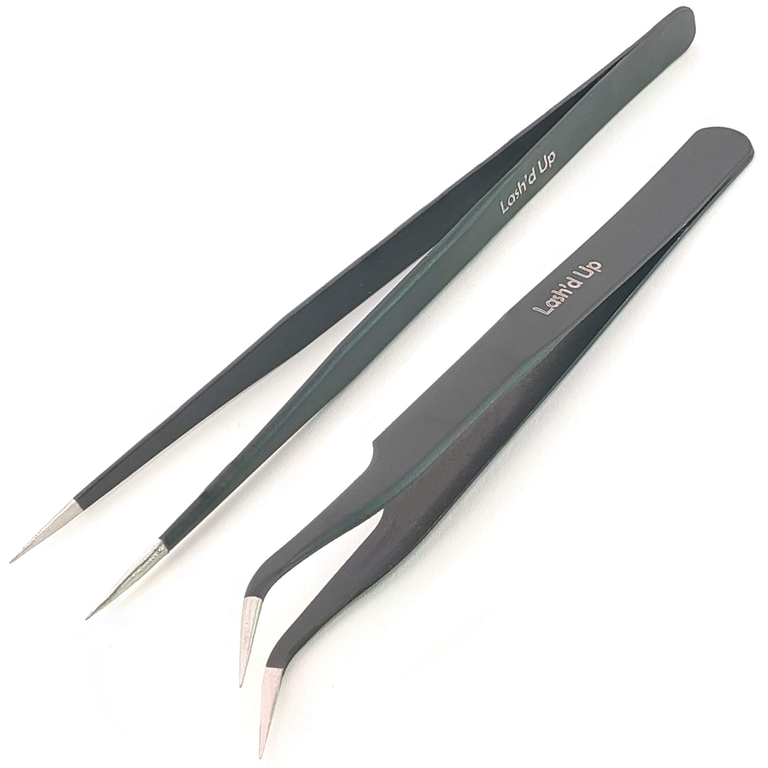 Lash'd Up 2 Pcs Black Stainless Steel Tweezers for Eyelash Extensions, Straight and Curved Tip Tweezers Nippers, False Lash Application Tools