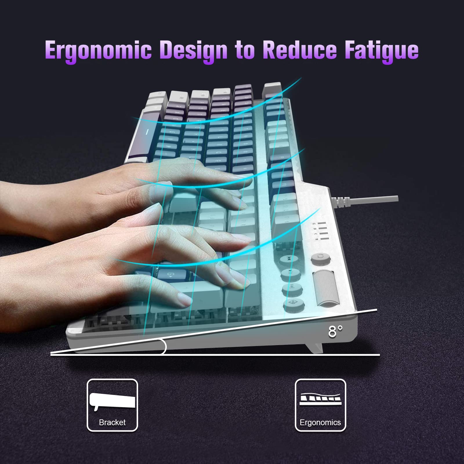 Mechanical Gaming Keyboard Hot Swappable with Multi Monochromatic Backlight 104 Key Anti-ghosting Ergonomic Metal Plate Multimedia Key USB Wired for PC Mac Gamer Office Typist(White Purple/Red Switch)