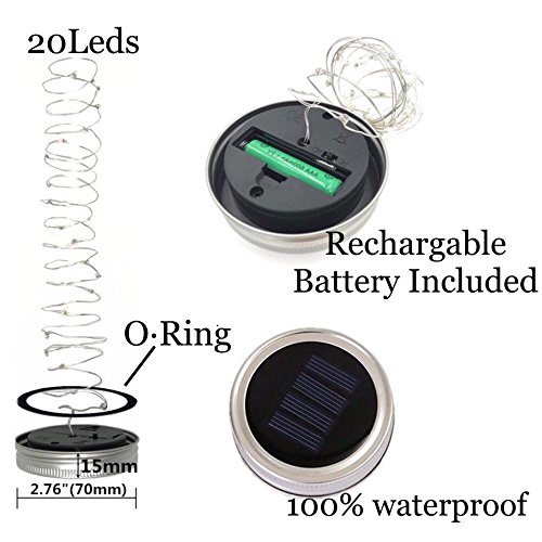 Solar Mason Jar Lid String Lights, 8 Pack 20 Led String Fairy Star Firefly Jar Lids Lights (Jars Not Included), for Mason Jar Patio Garden Wedding Lantern Table Decoration( No Hangers(Warm White)