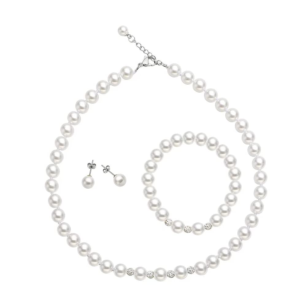 LZMEI White 8mm Glass Pearls Necklace Bracelet Earring Jewelry 3 Set Wholesale for Women Girls (14.5inch)