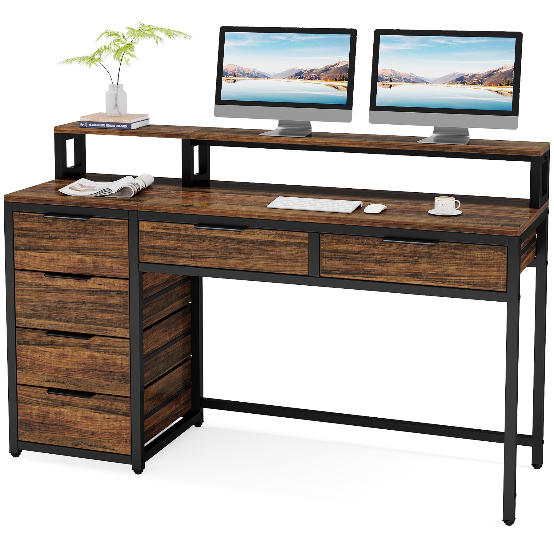 Tribesigns Computer Desk with 6 Drawers, 55-Inch Home Office Desk with Monitor Stand, Industrial PC Study Desk Writing Table Workstation for Home Office, Rustic Brown