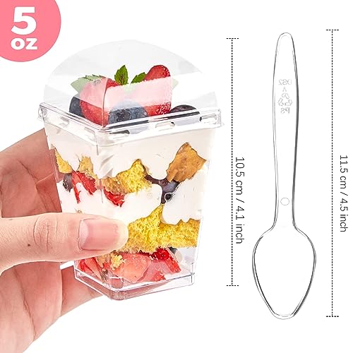 Zezzxu 100 Pack 5 oz Dessert Cups with Dome Lids and Spoons Mini Parfait Cups Clear Plastic Tasting Appetizer Bowls for Fruit Ice Cream Pudding Mousse