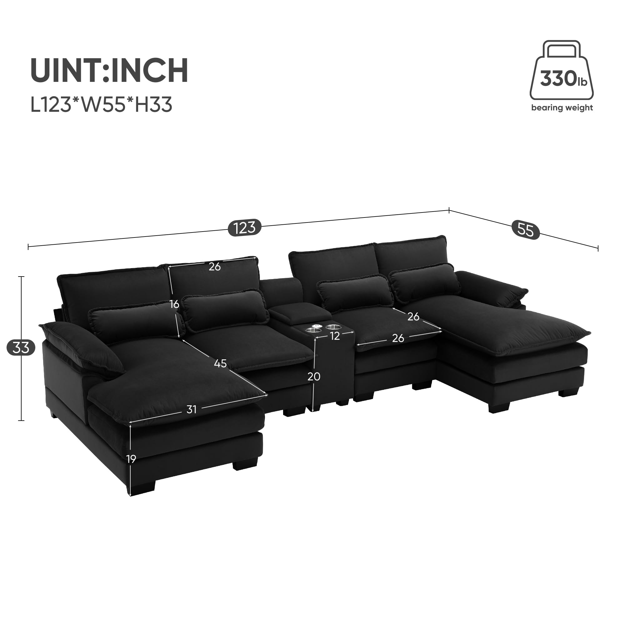 WIIS' IDEA 123" Modern Sectional Sofa Couch,U-Shaped Sofa with Console,Cupholders and USB Ports,6-seat Upholstered,Sleeper Couch Set with Chaise,Sectional Couches for Living Room,Apartment(Black)