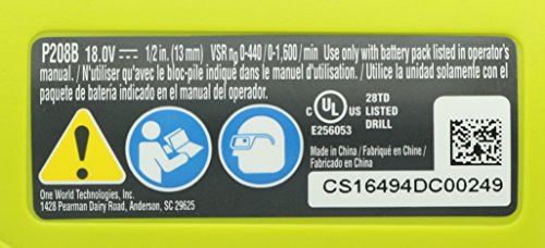 Ryobi P208 One+ 18V Lithium Ion Drill/Driver with 1/2 Inch Keyless Chuck (Batteries Not Included, Power Tool Only)