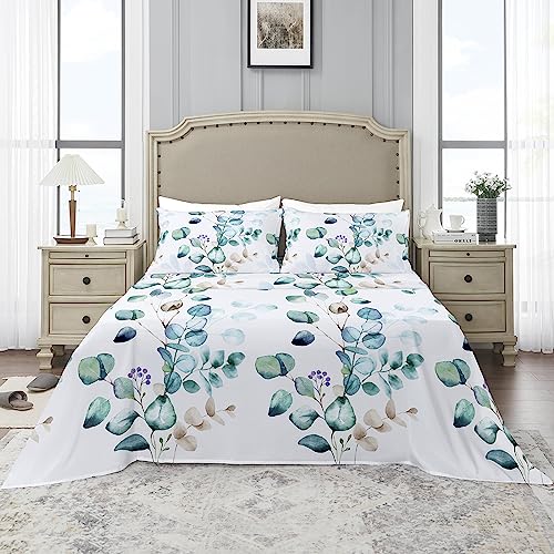 YIYEA Queen Sheet Set - Plant Print - Luxury Brushed Microfiber Bed Sheets - Lightweight Breathable Cooling Sheets for Queen Size Bed - 16" Deep Pocket, Shrinkage, and Fade Resistant - 4 PC