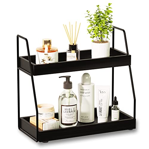 ZGO 2-Tier Bathroom Counter Organizer, Wood Bathroom Organizer Countertop Vanity Organizer Bathroom Tray, Kitchen Spice Rack Counter Shelf Organizers and Storage, Black
