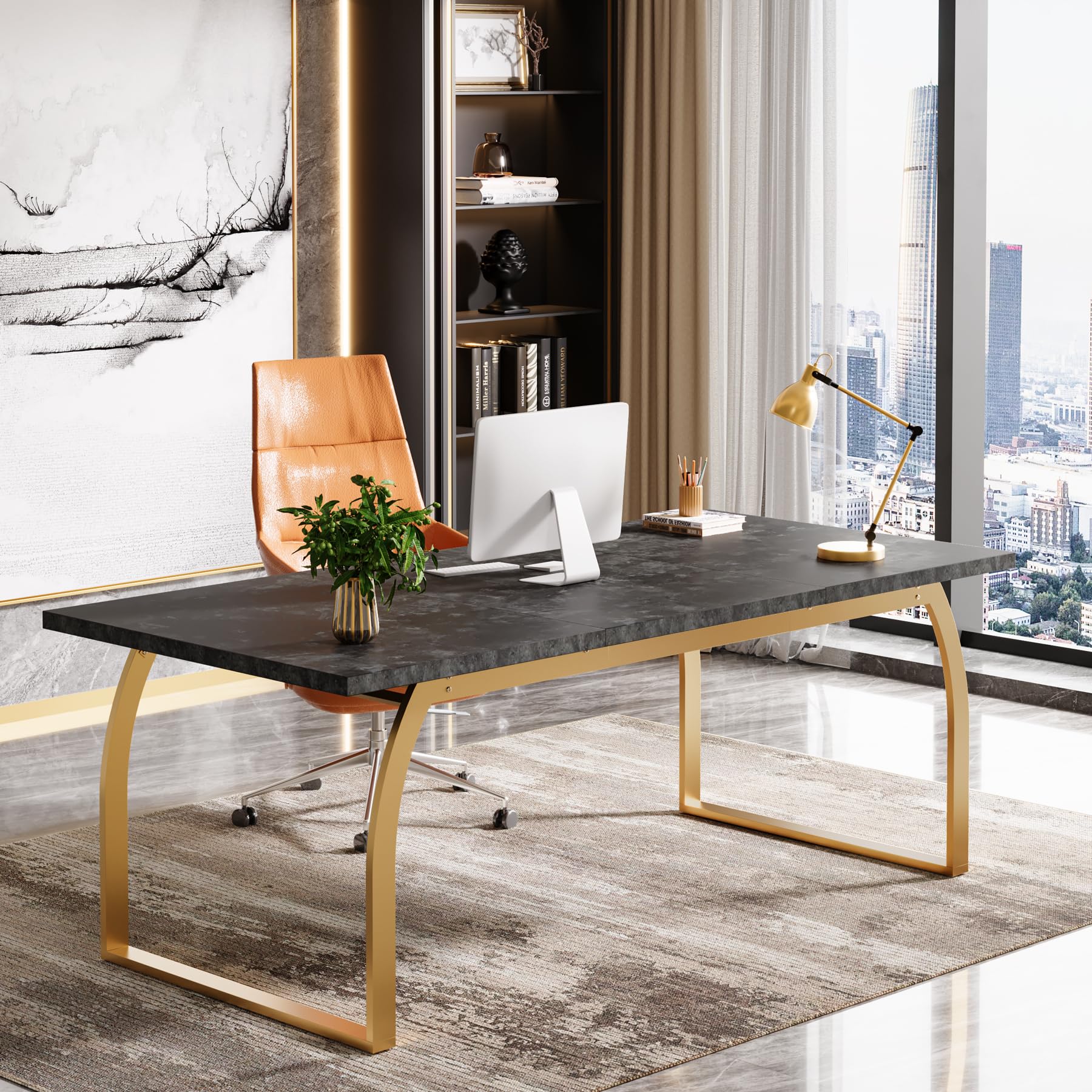 Tribesigns Modern Black Office Desk: 70.87 Inches Computer Executive Desk with Gold Metal Legs, Faux Marble Large Study Writing Table, Simple Desk for Home Office