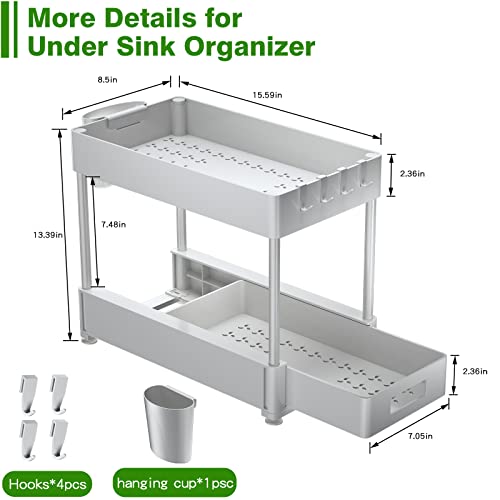 Under Sink Organizers and Storage 2 Pack, ZOMILB Bathroom Organizer 2-Tier Sliding Kitchen Cabinet Organization with Hook, Hanging Cup, Multi-purpose Under Sink Shelf Organizer for Home Storage, White
