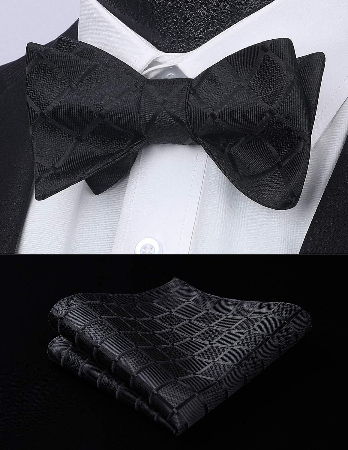 HISDERN Bow Ties for Men Self Tie Black and White Striped Bow Tie with Pocket Square Set Mens Classic Double Sided Woven Tuxedo Bowties for Wedding Party