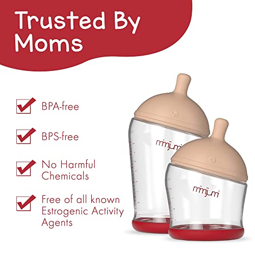 mimijumi Baby Bottle Starter Set (6 pcs.) Anti-Colic Baby Bottles for Breastfed Babies - 4 oz and 8 oz Breastfeeding Bottles, Bottle Travel Caps - Lighter and Darker Bottle Nipples (Lighter)