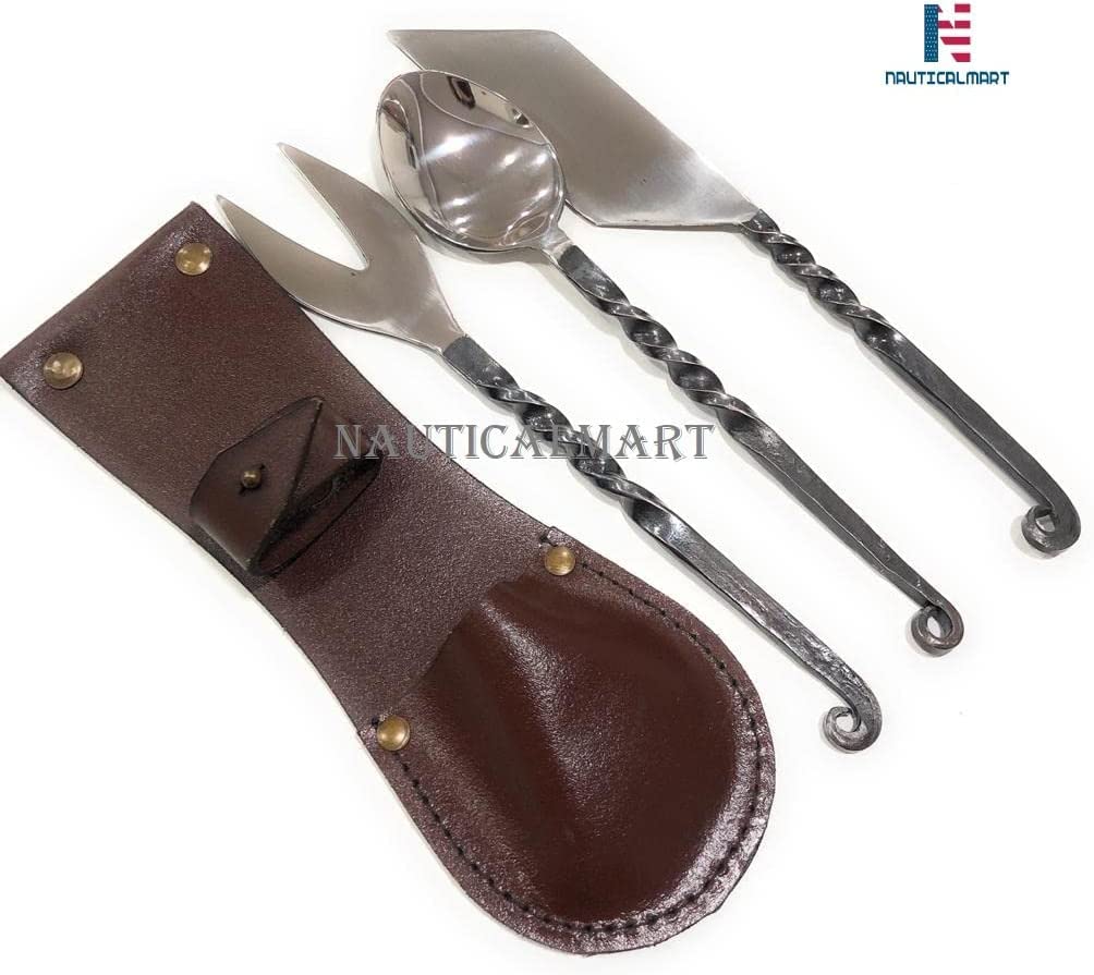 NauticalMart Medieval Feasting Set 3 Pieces Cutlery Knife, Fork, Spoon with leather Case