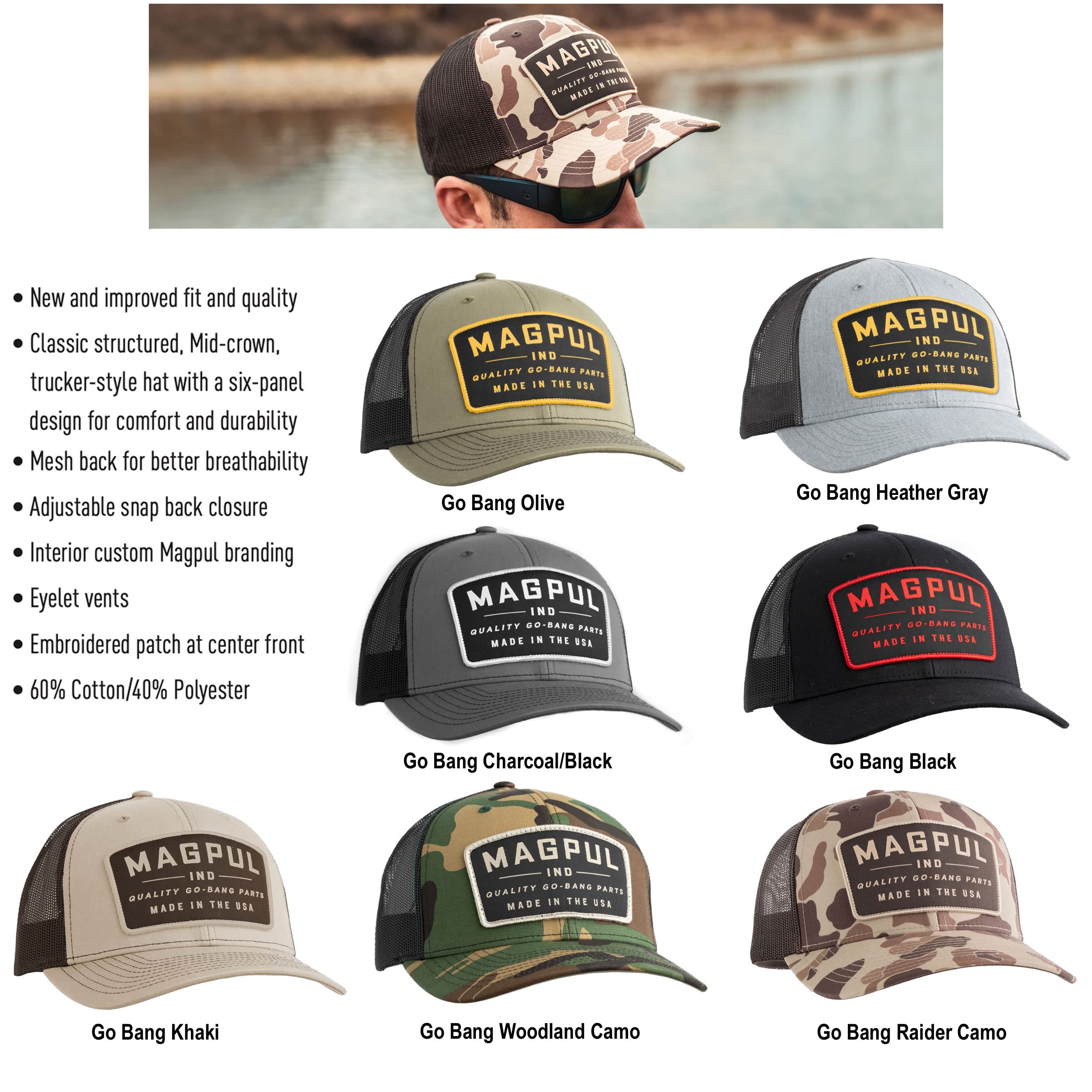 Magpul Standard Trucker Hat Snap Back Baseball Cap, One Size Fits Most, Go Bang Olive
