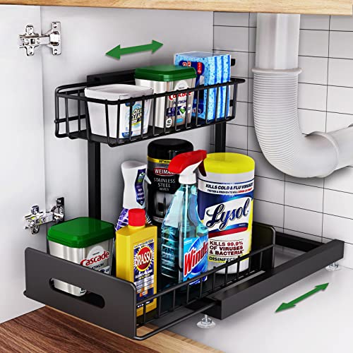 Under Sink Organizer,Pull Out Cabinet Organizer 2 Tier Slide Out Sink Shelf Cabinet Organizer and Storage,Adjustable Metal Under Counter Organizers Multi-Use for Under Kitchen Bathroom Organization