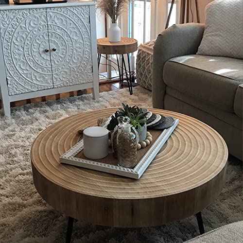 Uspeedy 2-Piece Farmhouse Wooden Coffee Table Set,Boho Coffee Table,Living Room Round Coffee Table Set,Nesting Table Round Wooden Finish with Ring Motif (Wood 1)
