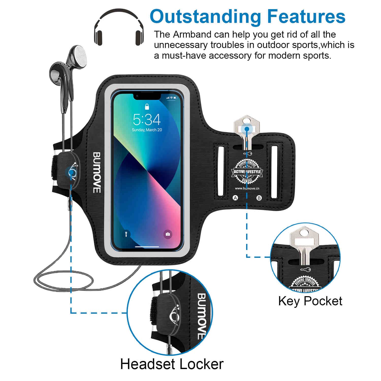 iPhone 15 Pro, 14 Pro, 15, 14 Armband, BUMOVE Gym Running Workouts Sports Phone Arm Band for iPhone 15 14 13 12 11 Pro with Card Holder (Black)