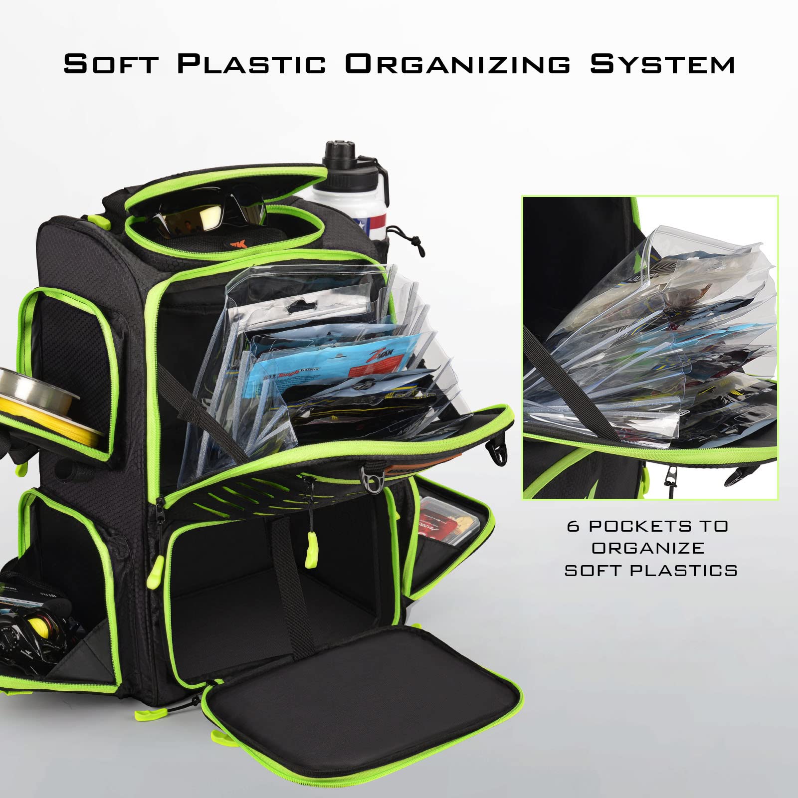 KastKing Bait Boss Fishing Tackle Backpack with Rod Holders-4 Tackle Boxes-Rain Cover,43L Large Storage for Fishing Gear,Green