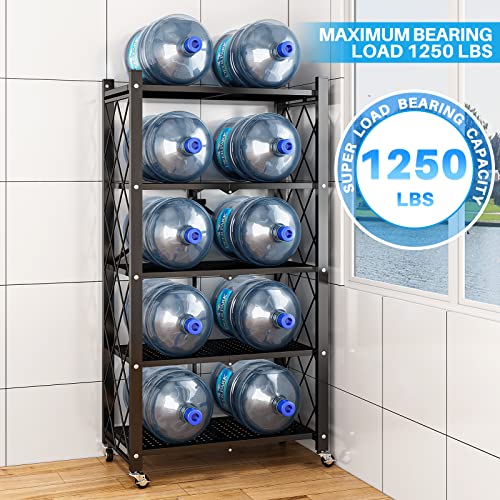 YKLSLH 5-Tier Collapsible Shelves Heavy Duty Folding Shelves Storage Rack with Wheels Portable Storage Shelving Unit for Garage Kitchen Holds up to 1250 lbs Capacity, Black
