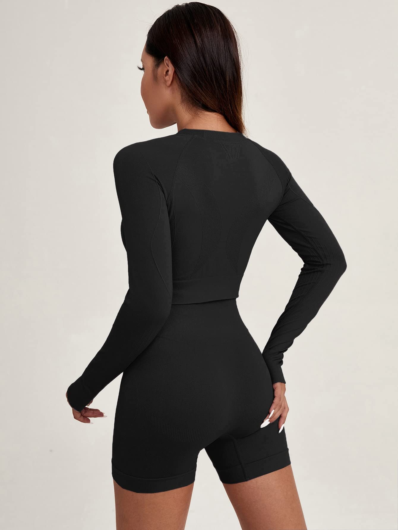 MakeMeChic Women's Yoga Outfits Workout Set Seamless Long Sleeve Crop Top and Biker Running Shorts Set Black M