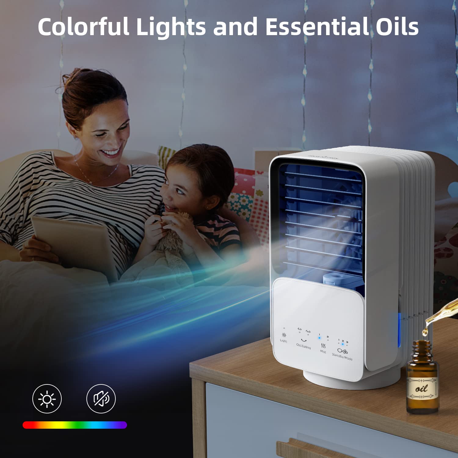 Portable Air Cooler, JREAWD 3 in 1 Mini Air Cooler with 120° Oscillation 3 Speeds USB Evaporative Air Cooler Fan with LED Light for Home Office Bedroom Kitchen Tent