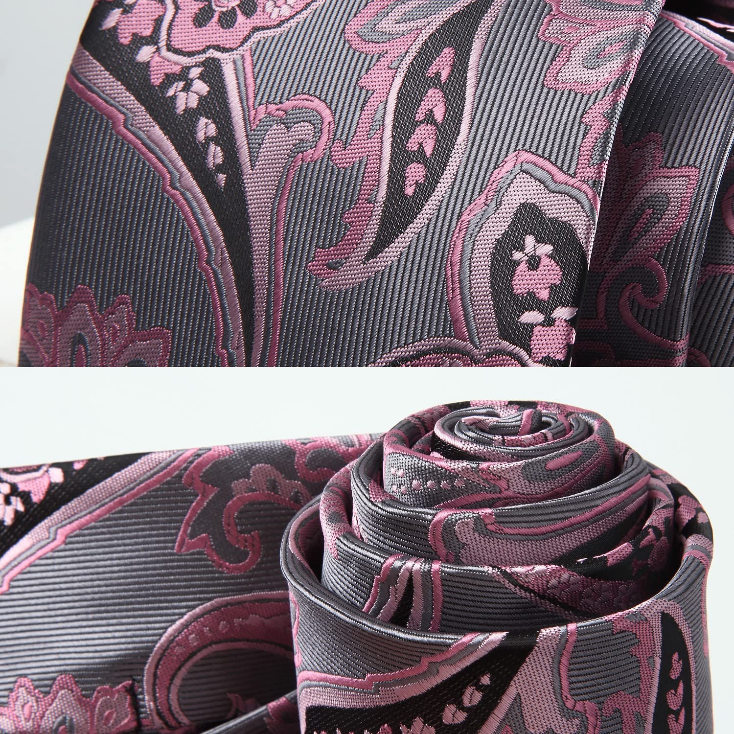 HISDERN Paisley Tie for Men Classic Extra Long Pink Ties and Pocket Square Formal Necktie with Handkerchief for Big and Tall Men Wedding