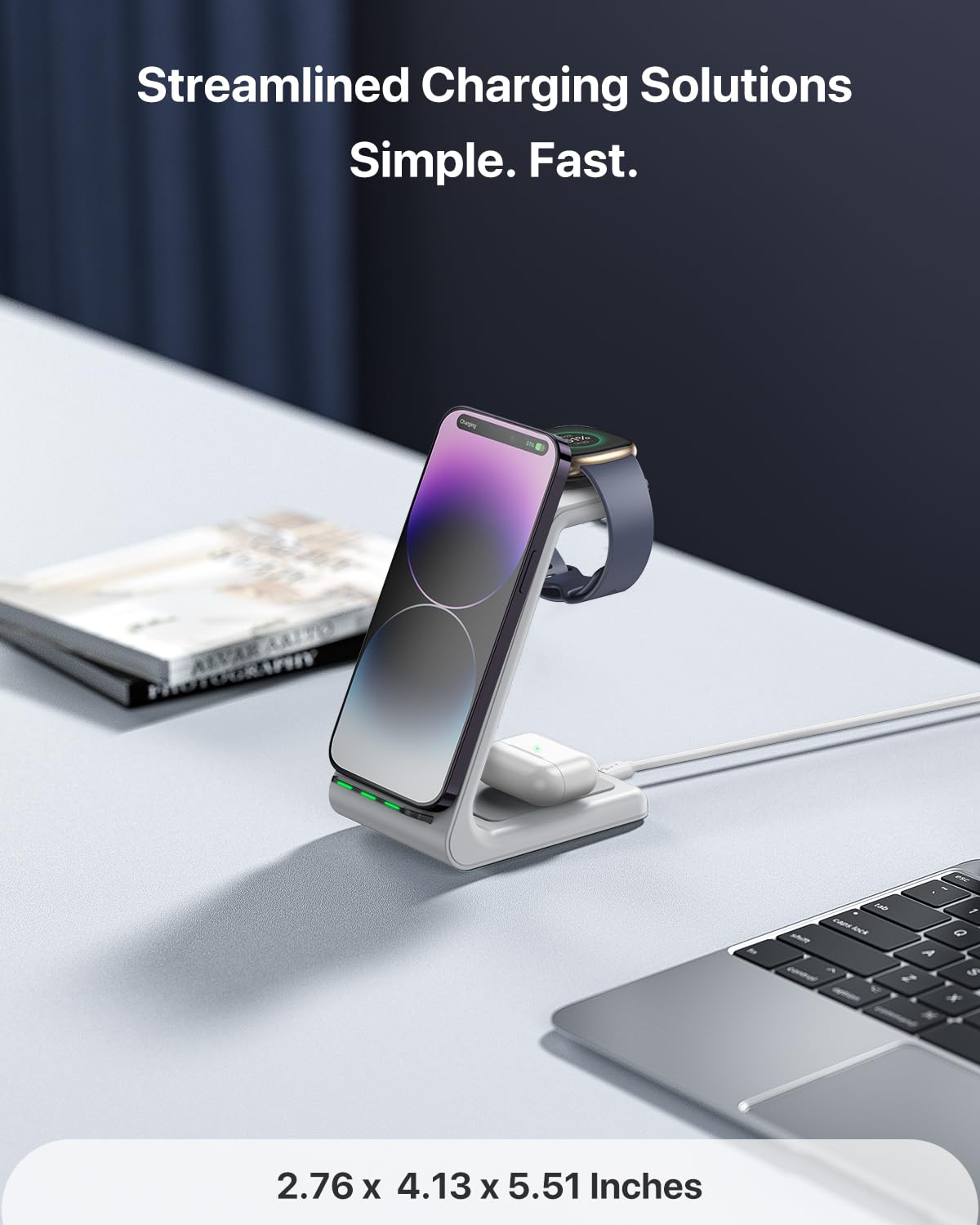 Intoval 3 in 1 Wireless Charger for Fitbit Versa 3/4, Sense 2/1, iPhones, Samsung S and Note, Airpods Pro 2/1, Galaxy/Pixel Buds +/Live and Other Wireless Charging Phones or Earbuds (V3, White)