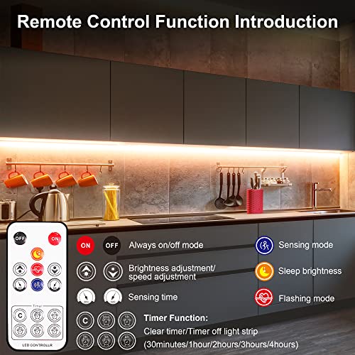 LAFULIT 10 PCS Under Cabinet Lights Kit, Motion Sensor LED Strip Lights with Remote, Dimmable and Timer Warm White Counter Lights for Kitchen Cabinets, Cupboards, Closets, Stairs, Shelf, Desk, and Bed