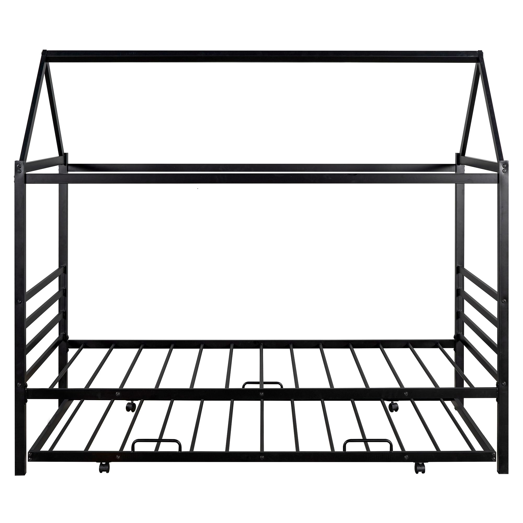 KoiHome Twin Size Metal House Shape Platform Bed with Trundle, Modern Sturdy Metal Bed Frame with Solid Metal Slats for Kids,Teens Bedroom, Space-Saving, No Box Spring Needed, Black