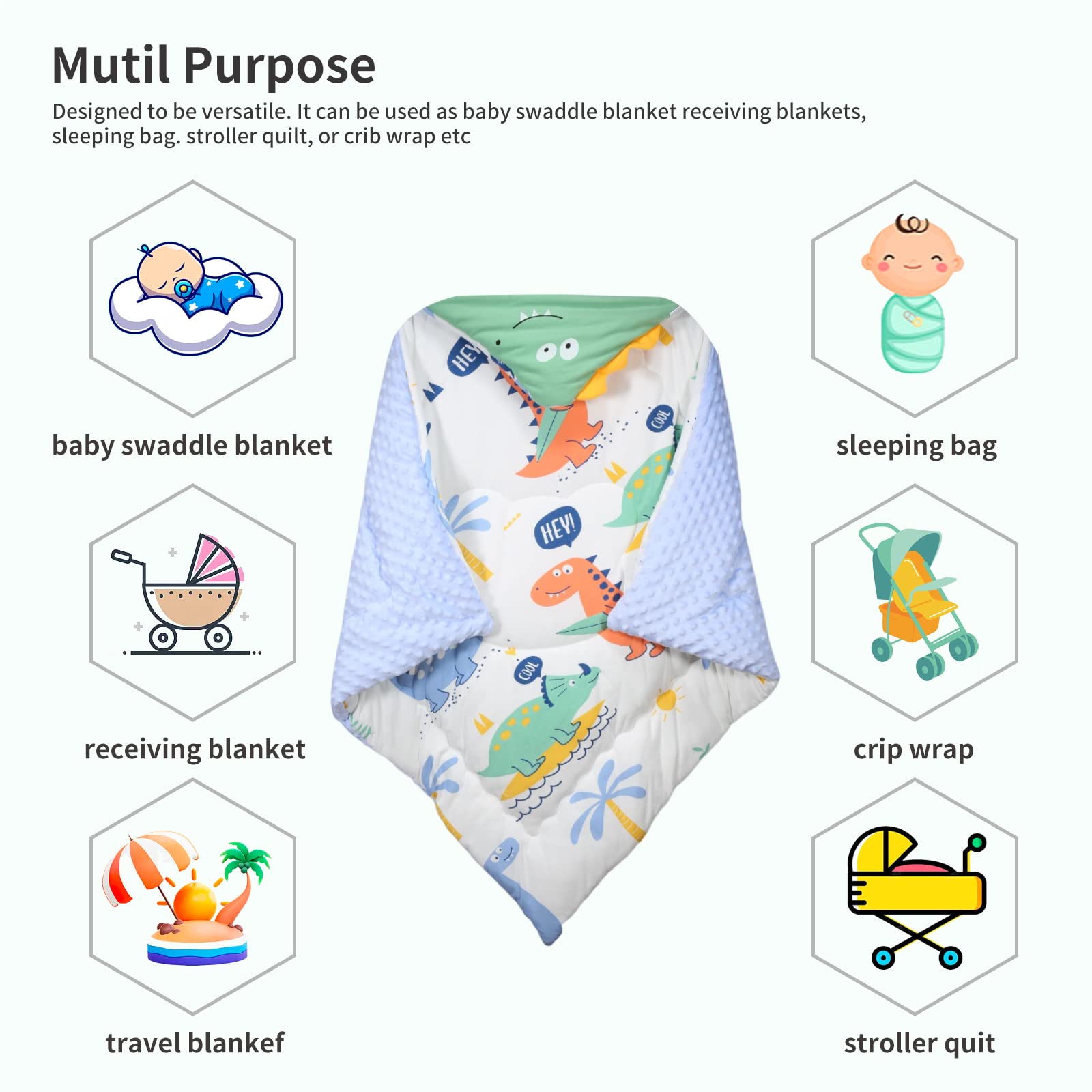 Pinko Coral Baby Blanket for Boys and Girls, Baby Blanket with Double Layer Dotted Backing for Babies, Lovely Unicorn/Dinosaur Printed Blanket with Windproof Triangular Hat 37.4 x 37.4 Inch