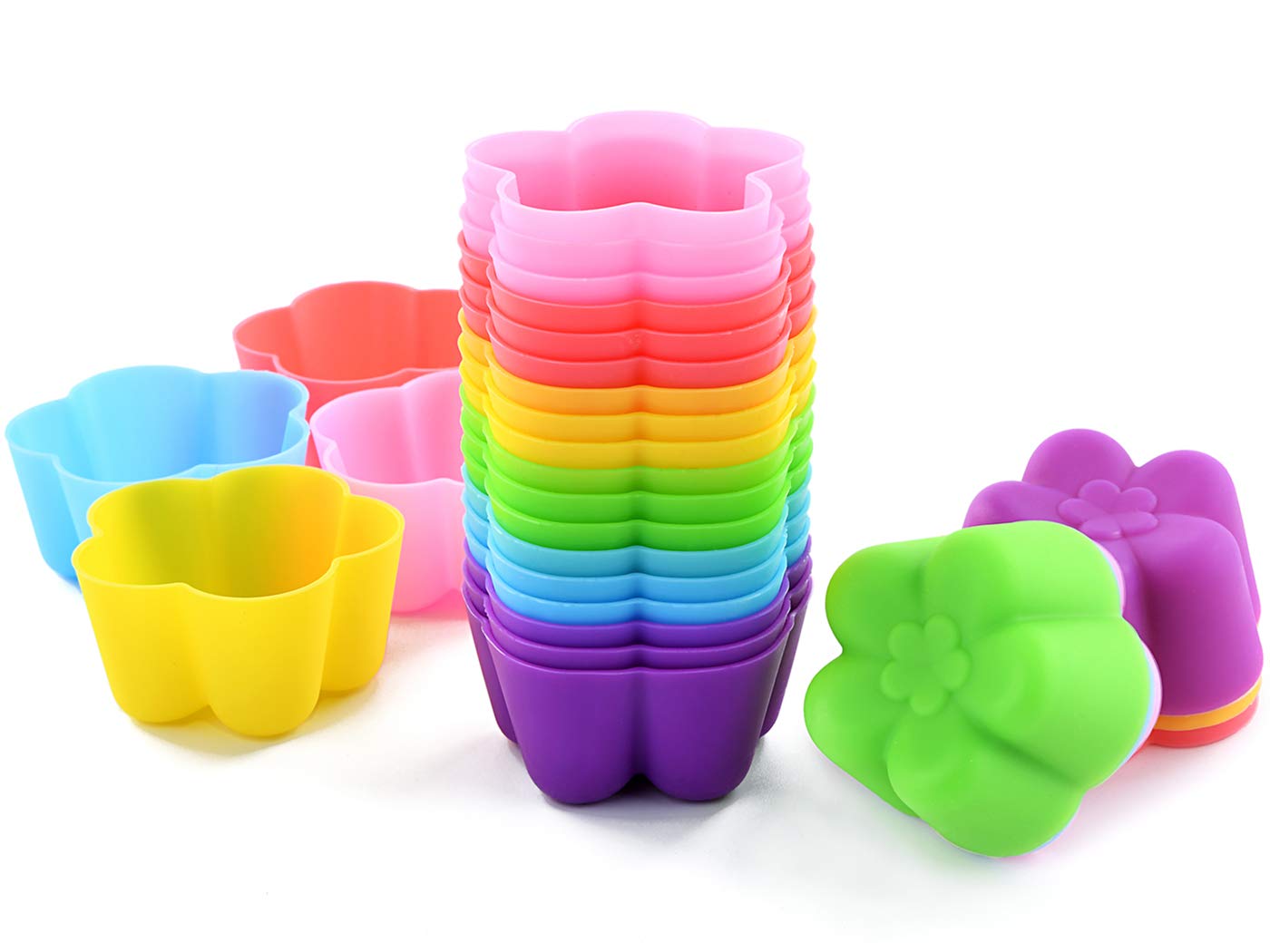 Mirenlife Reusable and Non-stick Mini Silicone Baking Cups/Muffin Cups/Mini Cupcake Liners/Mini Chocolate Holders/Truffle Cups -24 Pack-6 Vibrant Colors Flower