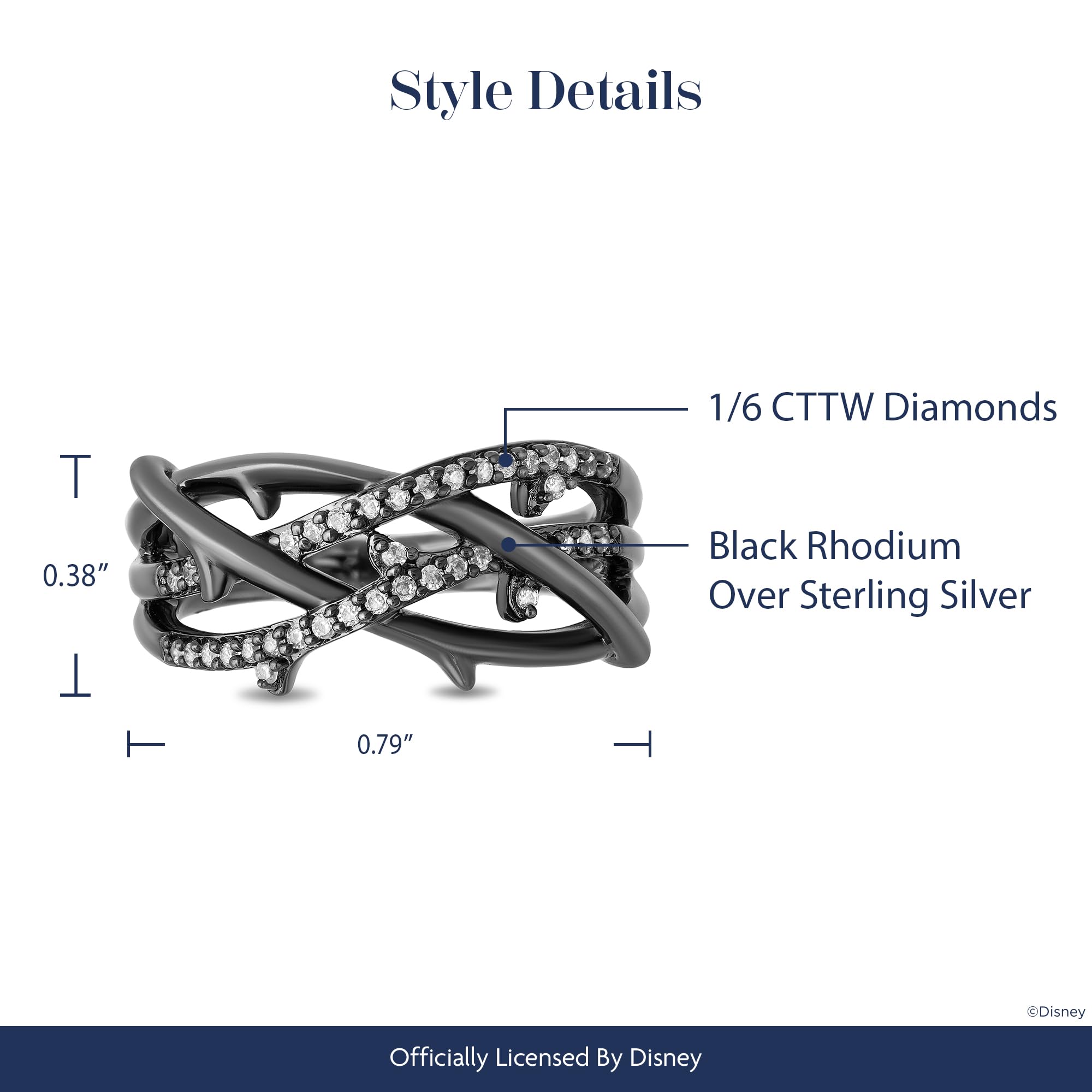 Jewelili Enchanted Disney Fine Jewelry Sterling Silver with Black Rhodium 1/6 Cttw Diamond Maleficent Ring Size 8