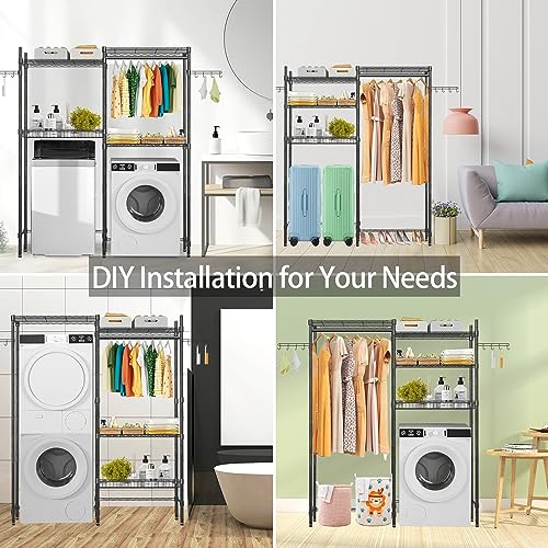 YEPOTUE Clothes Drying Rack, 4 Tiers Laundry Room Organization and Storage with Adjustable Shelves, Heavy-Duty Over Washer and Dryer Shelves Space Saver Closet Rack Towel Storage Black