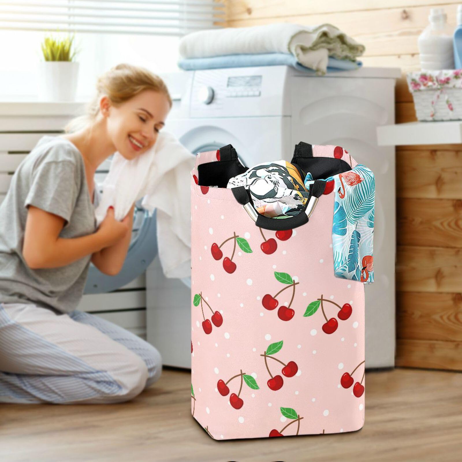 YEGAME Cherry Laundry Hamper, Water-Resistant Oxford Cloth Storage Baskets with Handle, Foldable Lightweight Durable Store Basket for Home Bathroom Bedroom Dorm Nursery