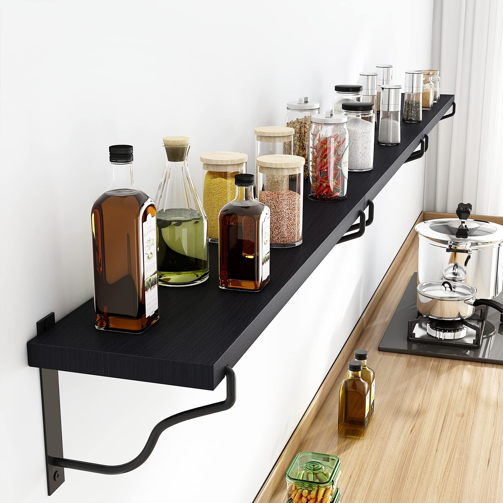 Inforth Wall Shelves, Wood Wall Mounted Shelves for Wall Storage, Floating Shelves for Wall Display with Metal Bracket, Hanging Shelves for Bedroom Kitchen Living Room (Black, 17 Inches)