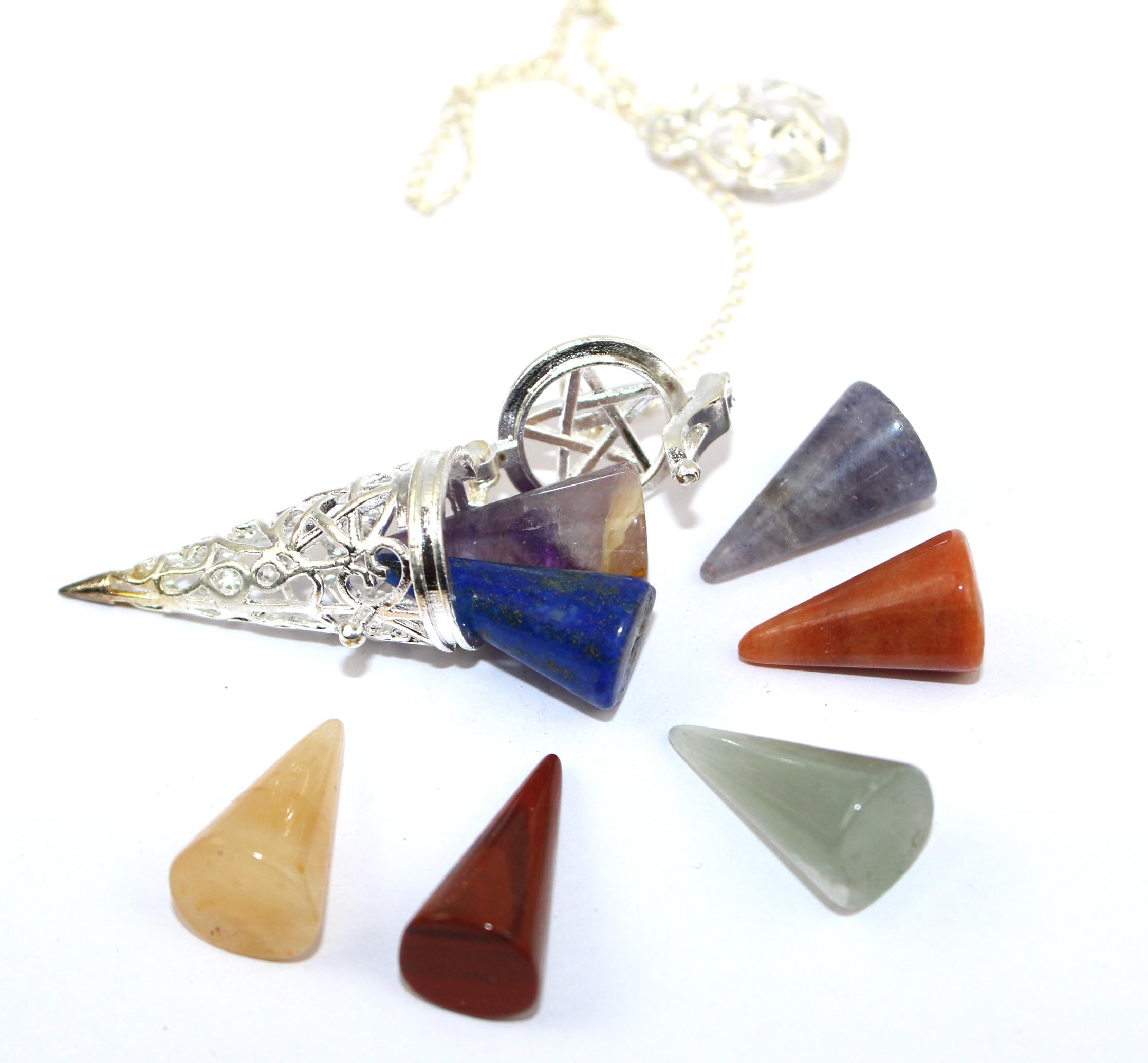 Jet International Jet Chakra Cage Pendulum 2" Free Booklet Crystal Therapy Interchangeable Chakra Cone Silver w/Pouch Divination Wicca Yes/No Pagan (Pentacle Star)