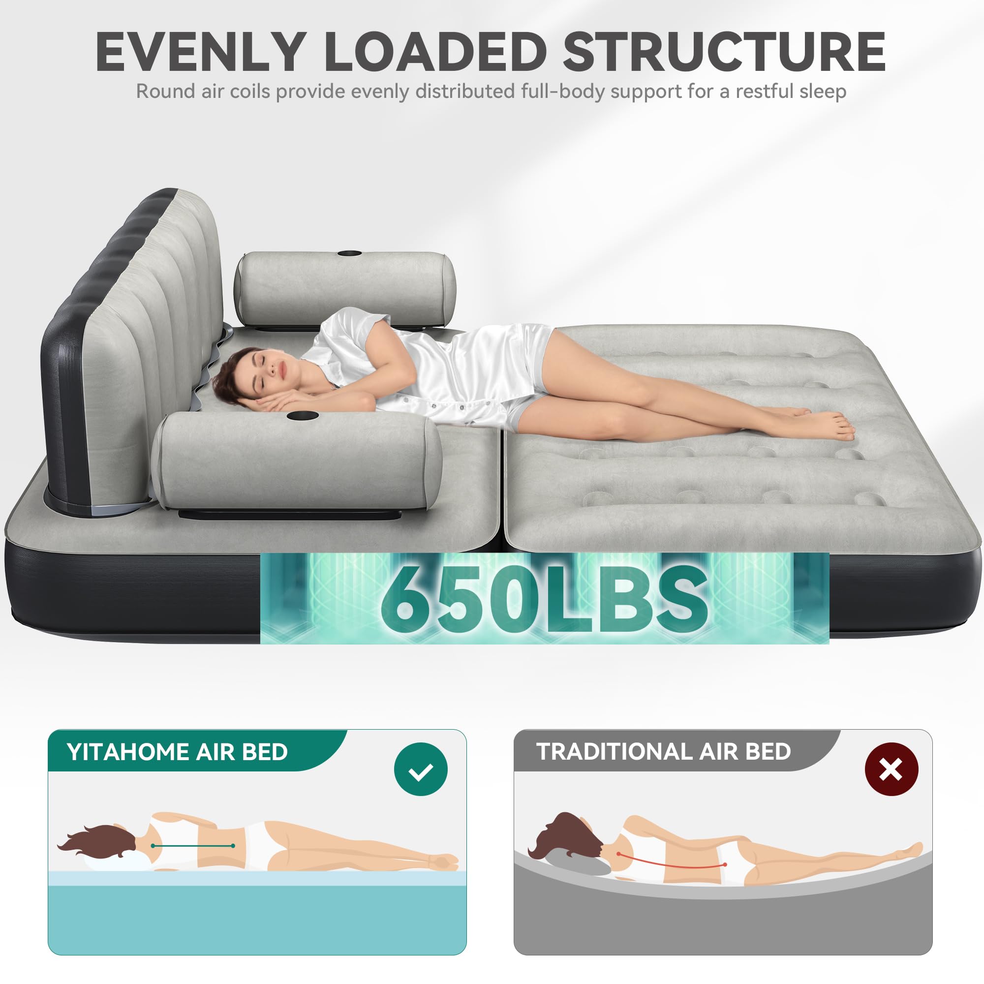 YITAHOME 18'' Flocked Top Queen Air Mattress with External Pump and Headboard, Durable Inflatable Bed, Blow-Up Mattress for Indoor and Outdoor Use, Black