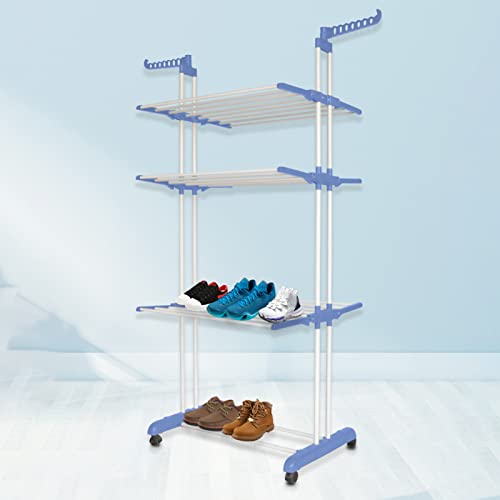 TOLUON Clothes Drying Rack, Movable Drying Rack with 4 castors, 3 Tier Clothes Horses Rack, Laundry Garment Dryer Stand with Two Side Wings for Home (Blue)