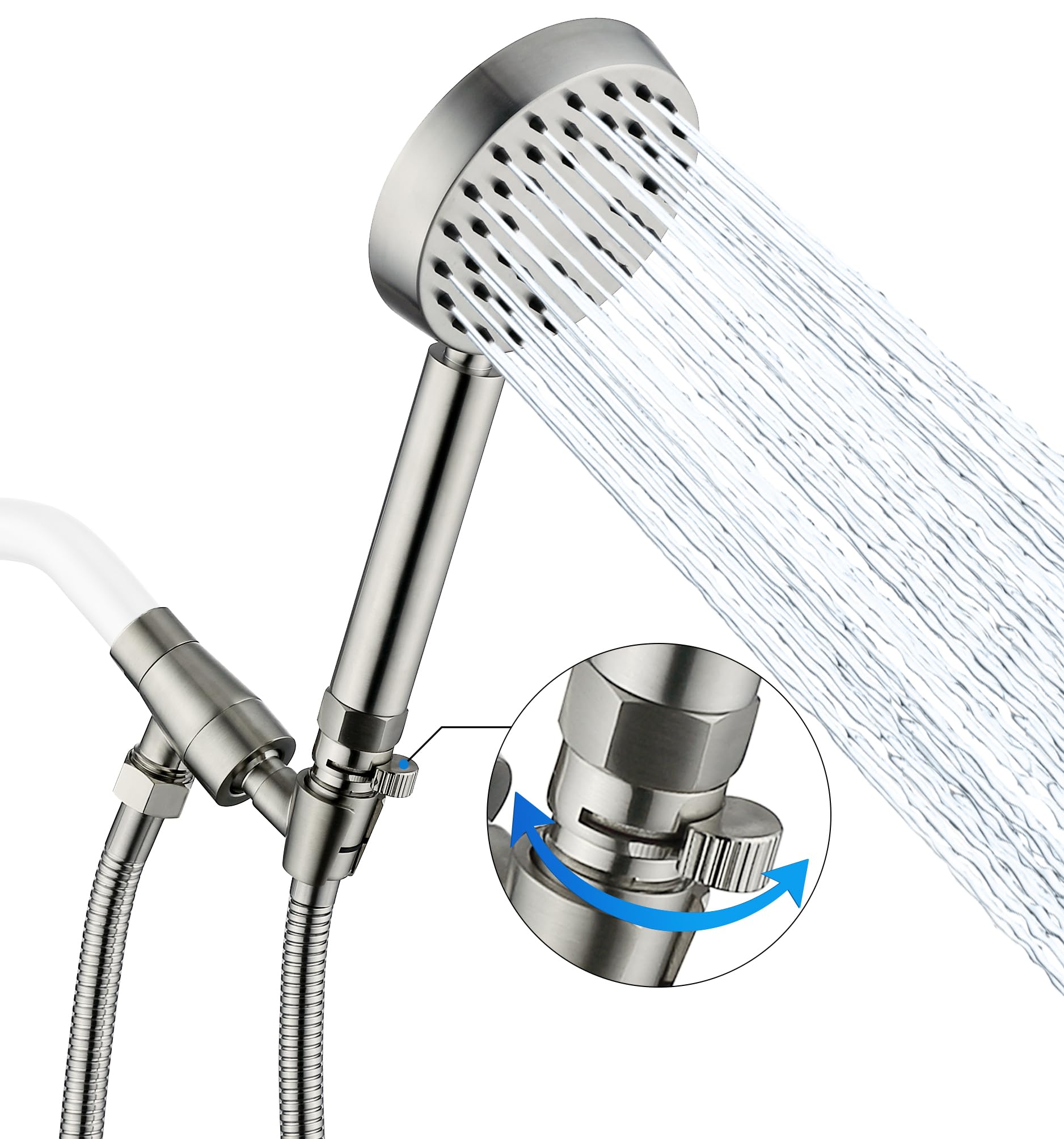 Solid Metal Brushed Nickel Handheld Shower Head With Extra Long Stainless Steel Hose & Brass Holder,Equipped with Flow Valve to Control Water Pressure, Hotel Quality