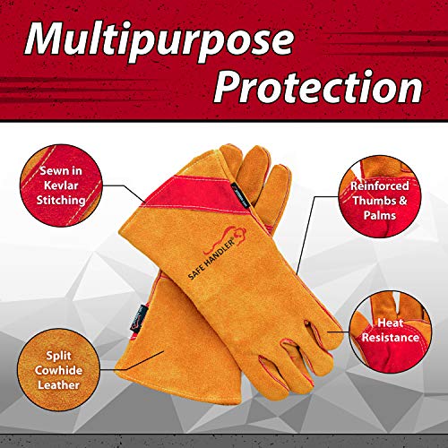 SAFE HANDLER Prime Welding Gloves with Kevlar Thread Protection | Reinforced Thumb and Palm, Heat Resistant for oven, MIG welding, TIG welder, Grill, Fireplace, BBQ, 14 inch, 1 Pair (2 gloves)