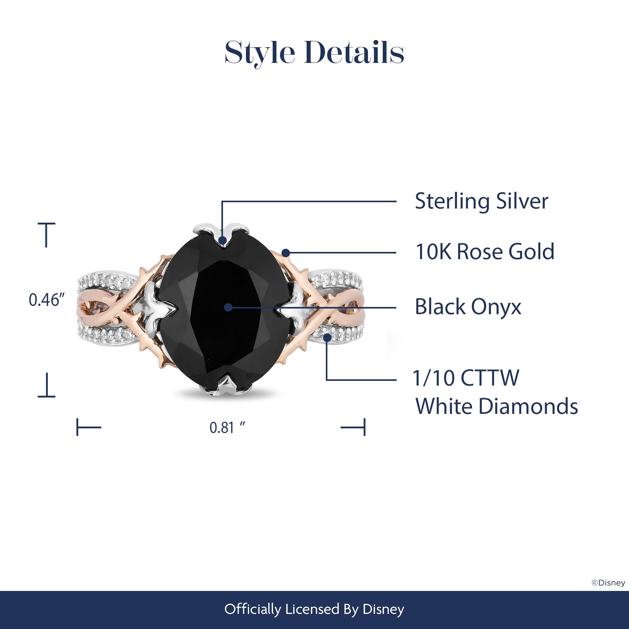 Jewelili Enchanted Disney Fine Jewelry Sterling Silver and 10k Rose Gold 1/10 Cttw Diamond and Black Onyx Maleficent Ring Size 6