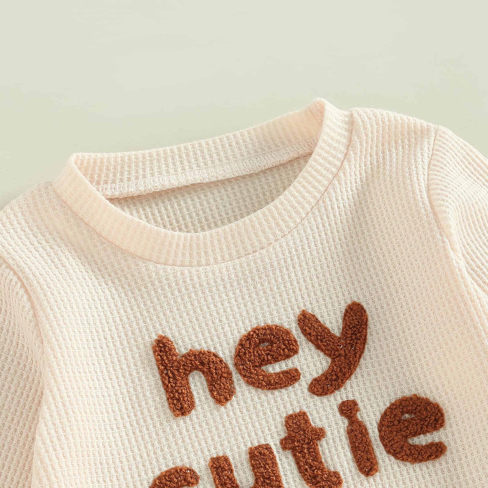 Toddler Baby Girl Boy Fall Winter Waffle Outfit Set Letter Printed Long Sleeve Sweatshirt Tops + Pants (Apricot, 6-12 Months)