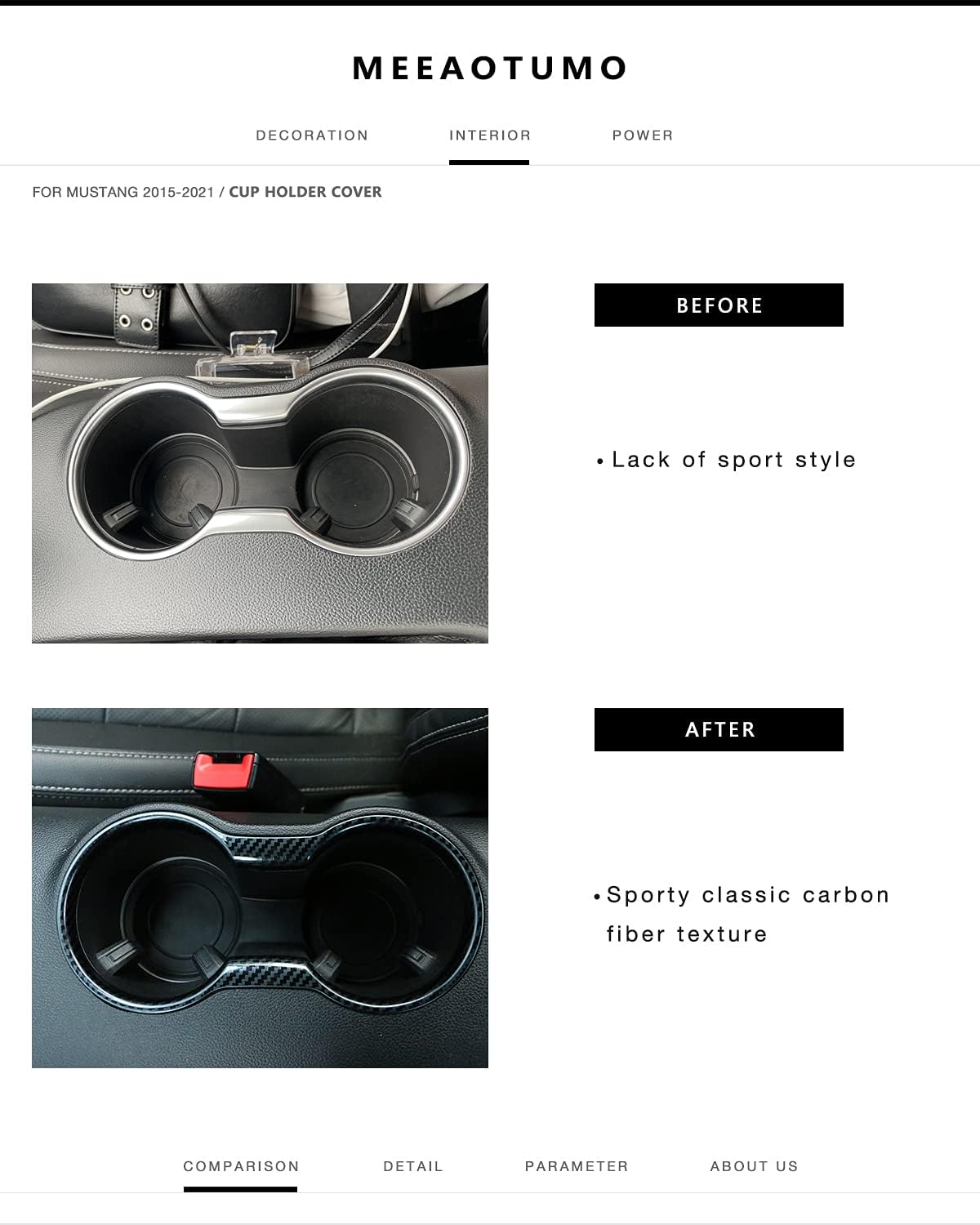 MEEAOTUMO Carbon Fiber Cup Holder Cover Frame Trim Interior Accessories for Ford Mustang 2015-2023