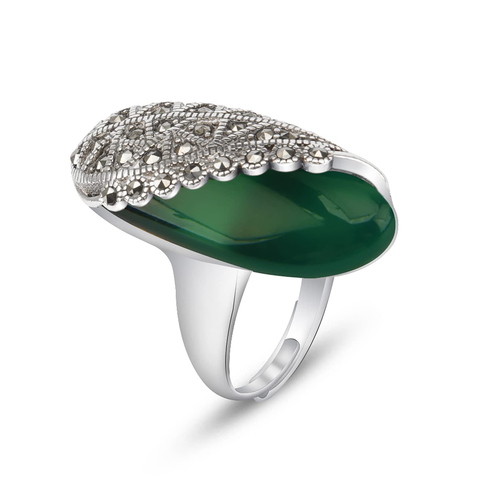 JadeAngel Green Rings for Women Vintage 925 Sterling Silver Oval Green Cubic Zirconia with Marcasite Open Adjustable Ring Size 6 to 8
