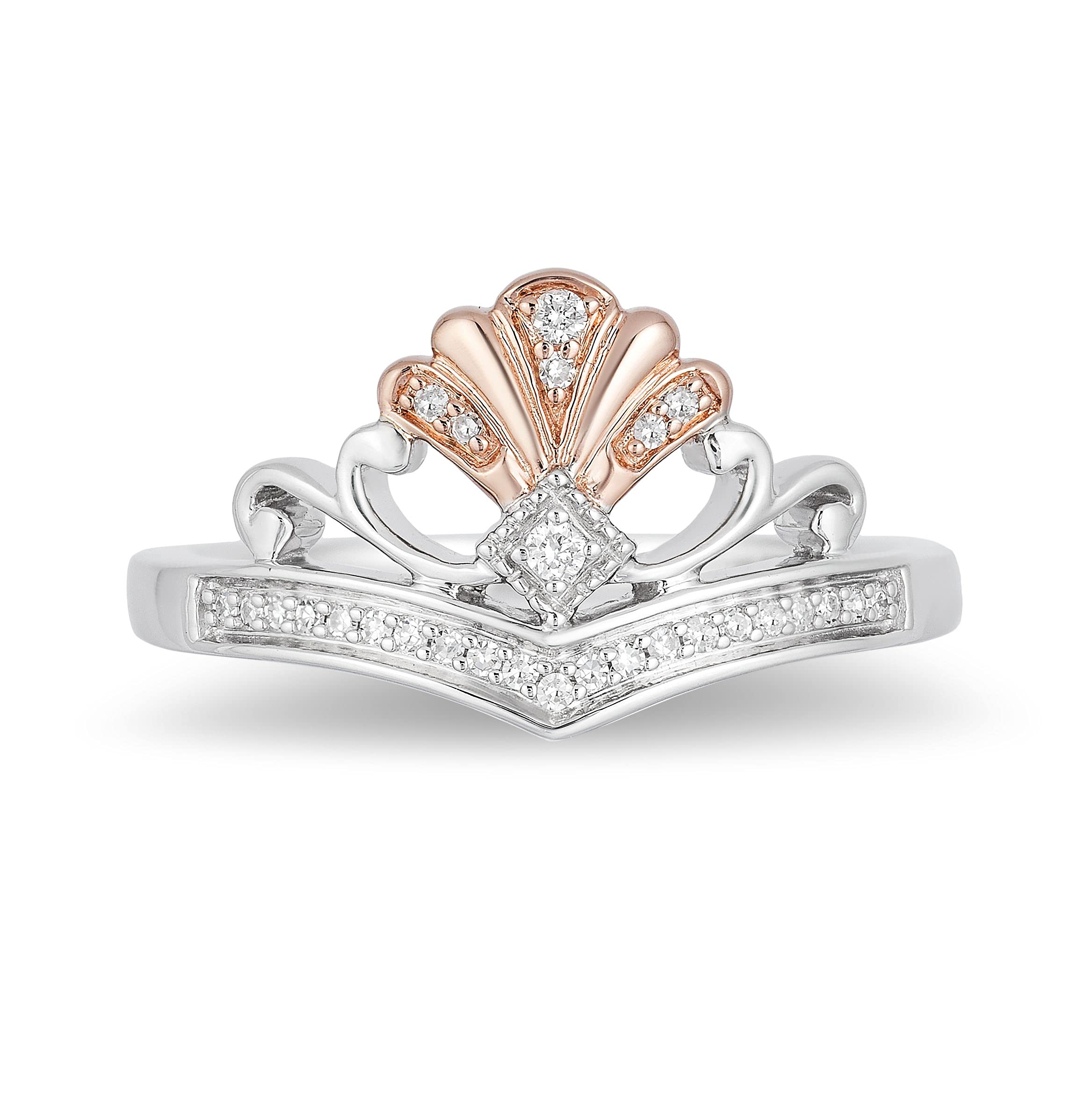 Jewelili Enchanted Disney Fine Jewelry 14k Rose Gold over Sterling Silver 1/10 Cttw Diamond Ariel Shell Tiara Ring Size 6