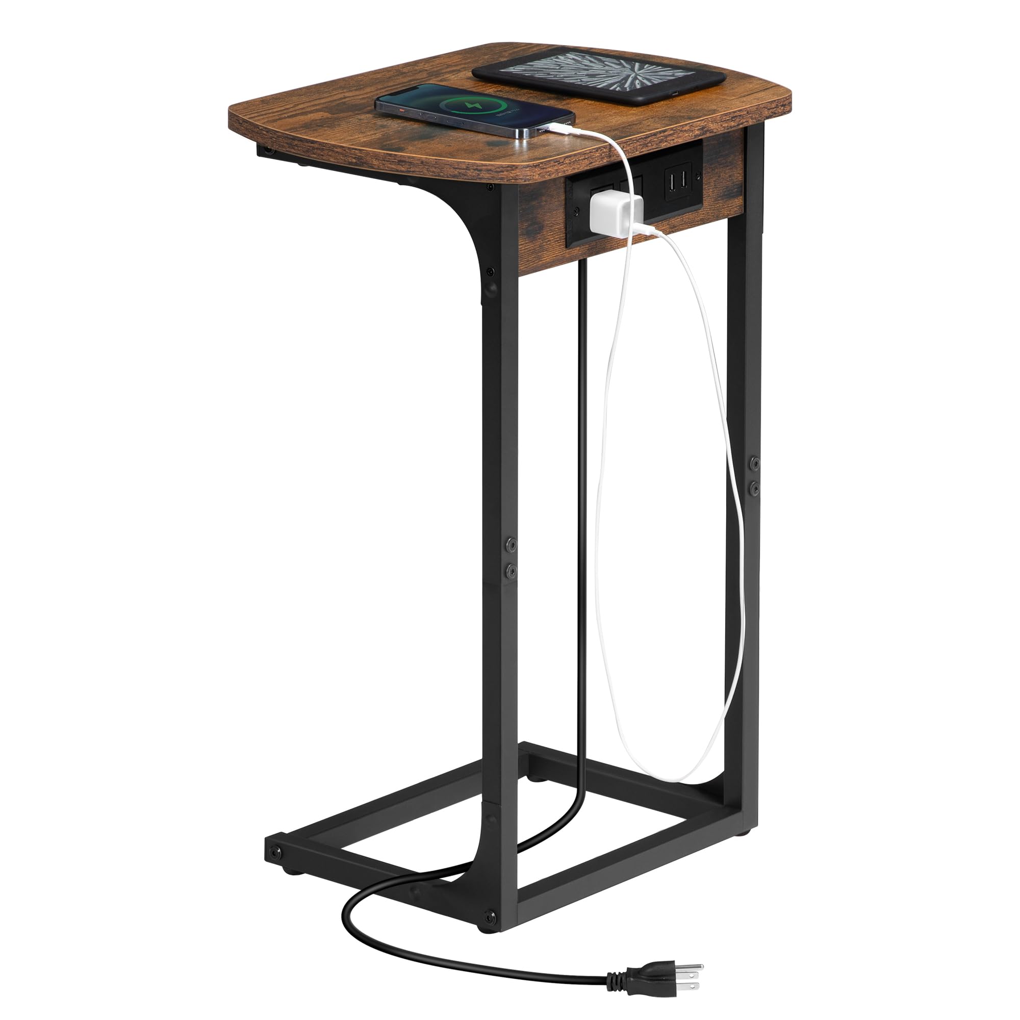 Hzuaneri C Shaped End Table with Charging Station, Bed Side Table with USB Port & Outlet, Couch Table, C Snack Table for Living Room, Bedroom, Rustic Brown and Black ET05101B
