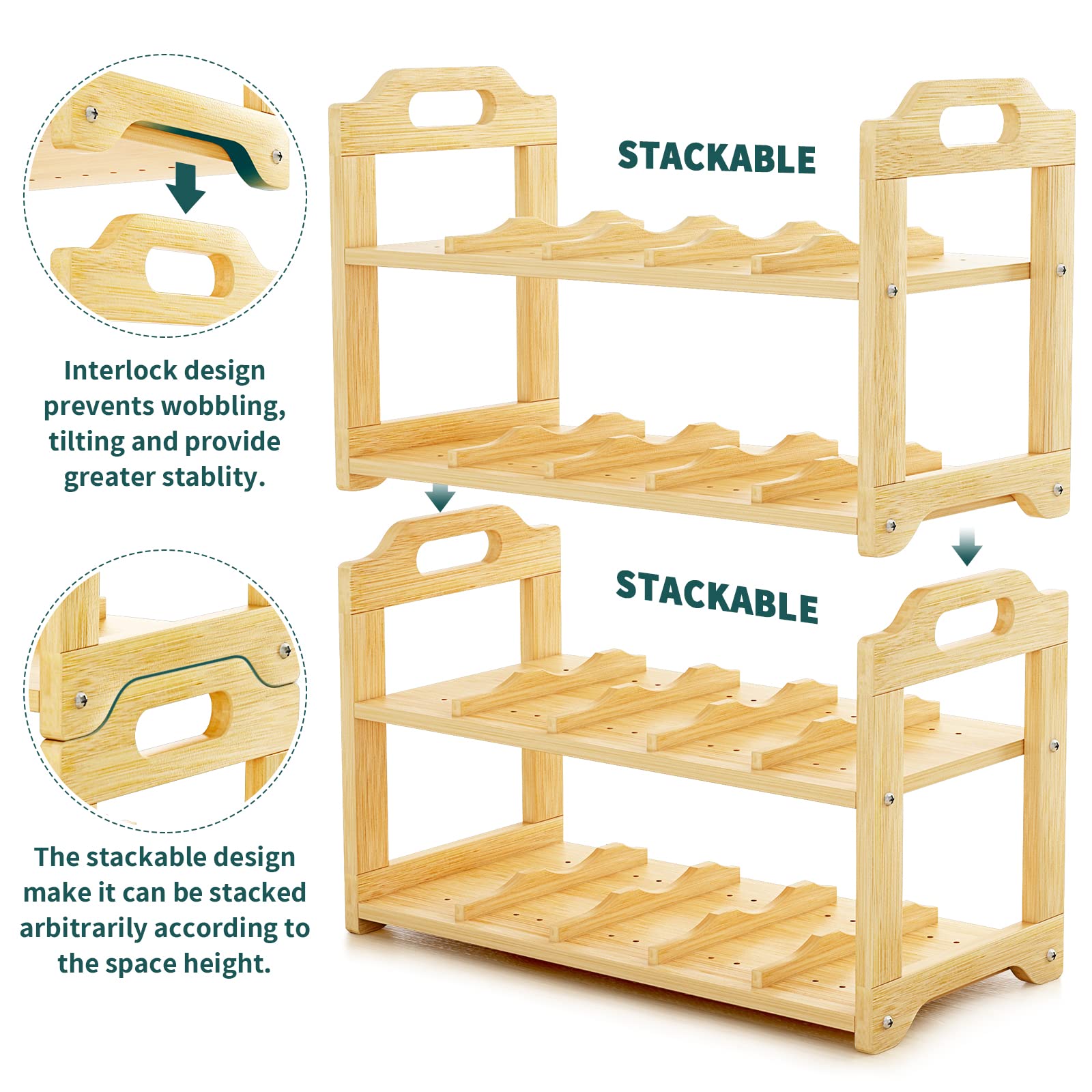 KOK KAY Water Bottle Organizer, Stackable Bamboo Water Bottle Holder, 20 Freestanding Wine Rack Storage - 4-Layer Adjustable Water Bottles Storage Organizer Rack