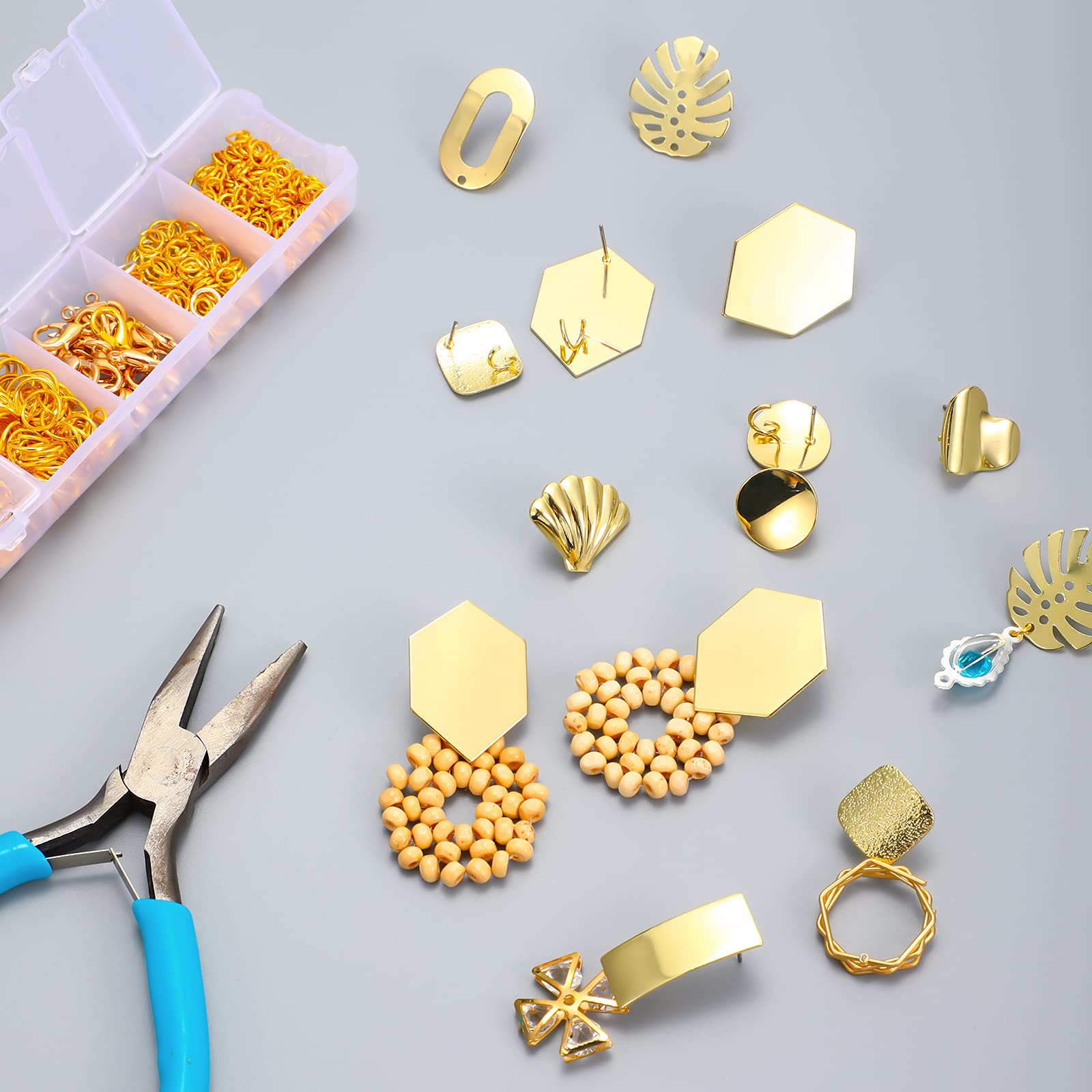 Hicarer 36 Pcs/ 18 Pairs Gold Plated Earring Studs for Jewelry Making Earring Posts with Loop Hole Ear Studs Kit Palm Leaf Shaped Flower Shell Ear Pad Base Posts Heart Hollow Rectangle Hexagon Shapes